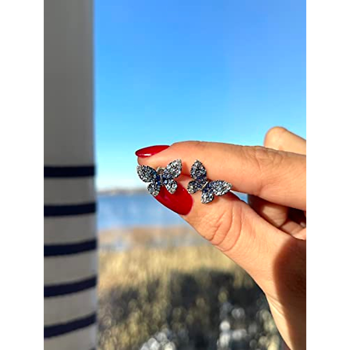 LE VIAN 1 2/5 Carat White and Blue Sapphire Butterfly Stud Earrings for Women in 14k White Gold Studs with Push Back