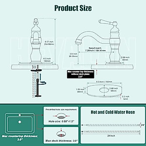 Heyalan Antique Brass Bathroom Sink Overflow Faucet Single Hole One Handle with Pop Up Drain Assembly Deck Mount Single Handle Bathroom Sink Faucet Vanity Mixer Tap Lavatory Included