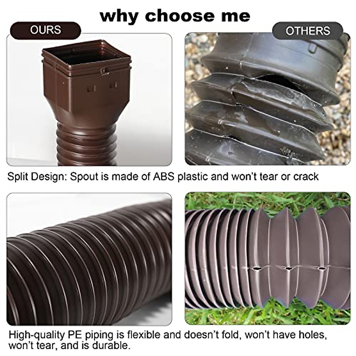 Plusgutter Brown 2-Pack Rain Gutter Downspout Extensions Flexible, Drain Downspout Extender,Down Spout Drain Extender, Gutter Connector Rainwater Drainage,Extendable from 21 to 68 Inches.