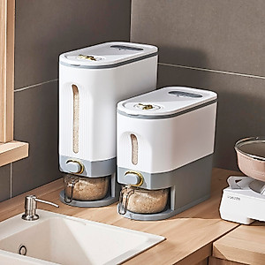 Sooyee 11 Lbs Rice Container, Large Grain Container Storage with Lid Measuring Cylinder Moisture Proof Household Cereal Dispenser Bucket for Kitchen Soybean Corn,White and Grey