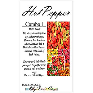 BIG PACK - (500+ Seeds) Hot Pepper Combo I - Bhut Jolokia Ghost Pepper, Habanero Orange, Habanero Red, Jamaican Yellow, Jamaican Red Pepper Seeds- Non-GMO Seeds by MySeeds.Co (BIG PACK - Hot Pepper I)