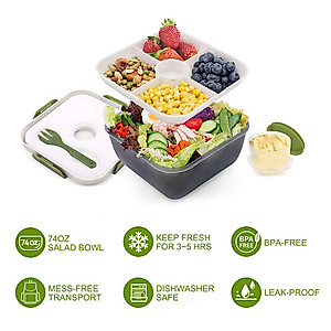Rassody 74 OZ Salad Container To Go for Lunch with Ice Pack, Dressing Cup and 4 Compartments for Salads Toppings, Snacks, Fruits, Built-In Fork, Large Mixing Bowl, Leak-Proof, Reusable and BPA-Free