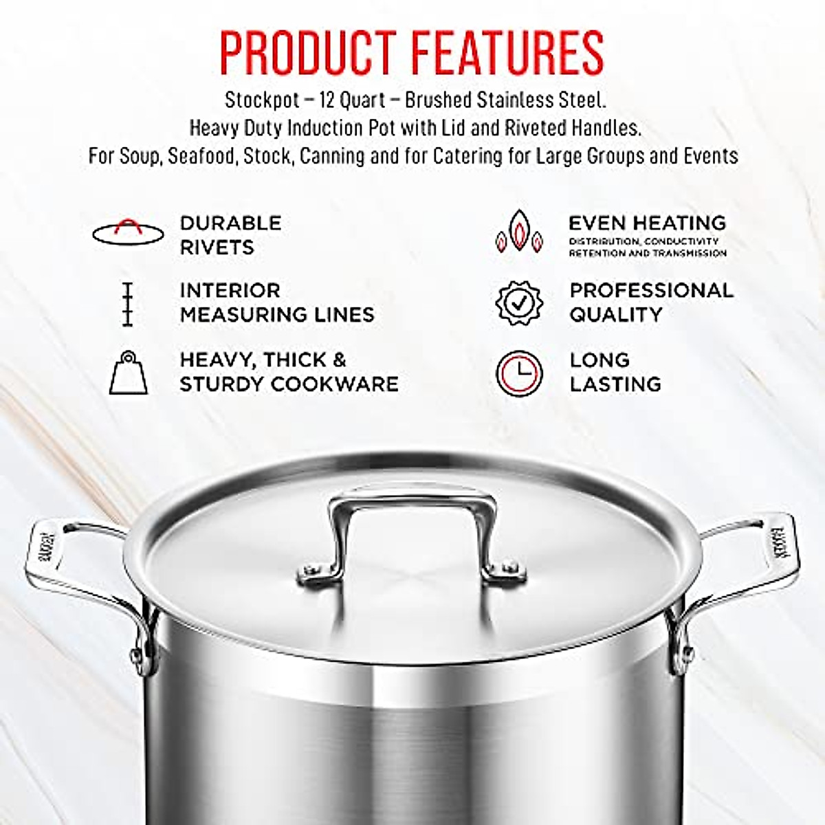 Stockpot – 12 Quart – Brushed Stainless Steel – Heavy Duty Induction Pot with Lid and Riveted Handles – For Soup, Seafood, Stock, Canning and for Catering for Large Groups and Events by BAKKEN