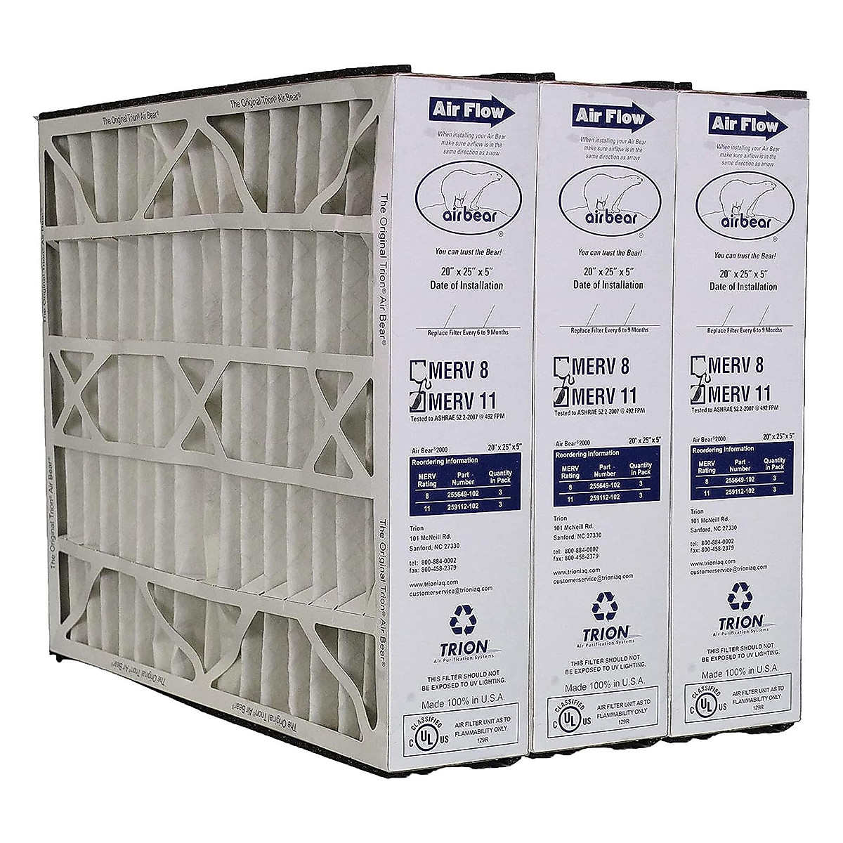 Trion 3 Pack Pleated Air Filter, Air Bear MERV 11 for HVAC/Furnace, 20x25x5 in.