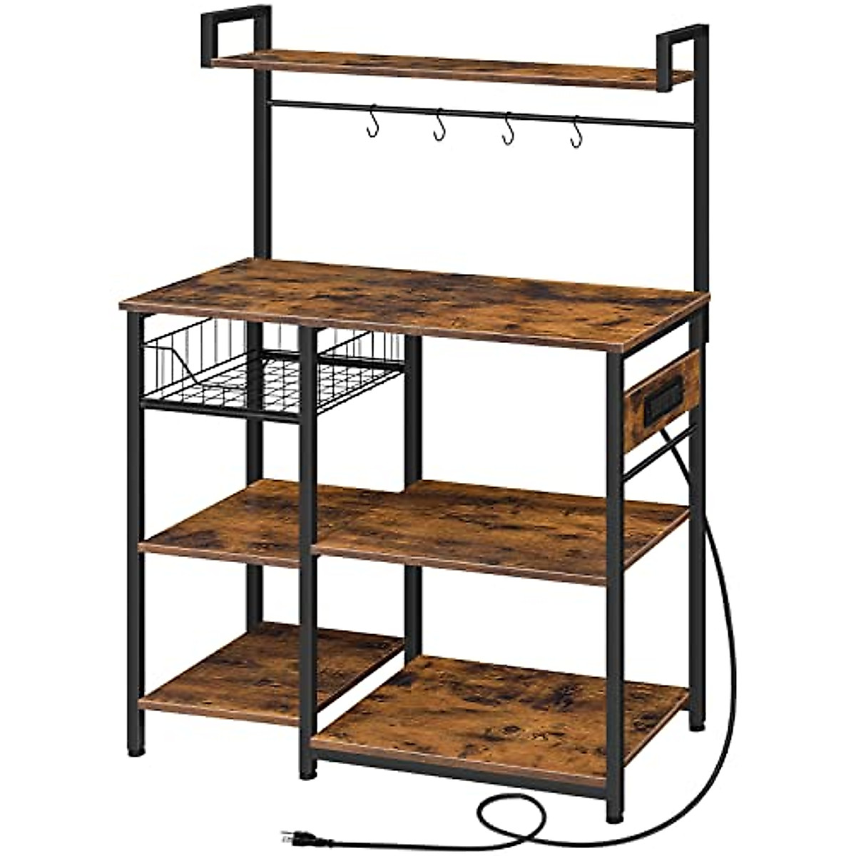 HOOBRO Kitchen Bakers Rack with Power Outlet, Coffee Bar, Microwave Oven Stand with Mesh Basket, Coffee Station with 4 S-Shaped Hook, Kitchen Shelf, for Kitchen, Living Room, Rustic Brown BF05HB01