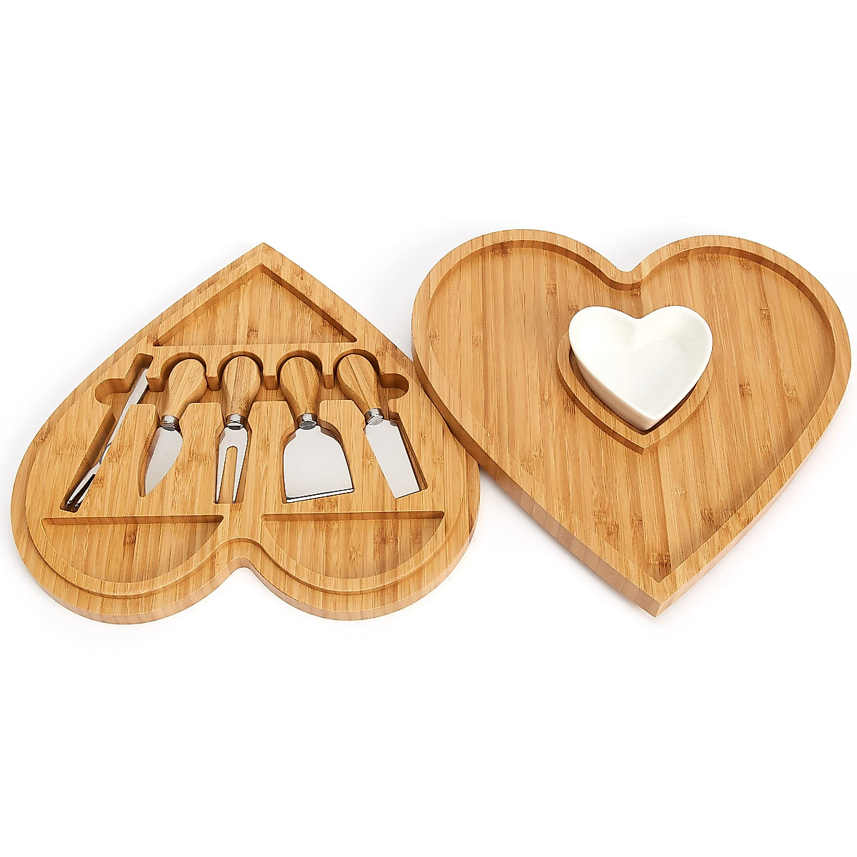 Bamboo Heart Charcuterie Board Set with knife set – Cheese Tray for Serving Cheese, Crackers, and Appetizers at Parties – Best gift for weddings birthdays valentines, anniversaries, and much more