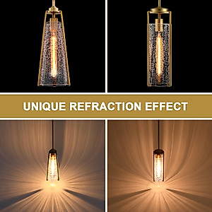 Untrammelife Modern Gold Pendant Light, Crackle Glass Shade Hanging Pendant Light Fixture 14" Single Brushed Brass Ceiling Chandelier for Kitchen Island,Dining Room,Bathroom, T10 LED Bulb Included