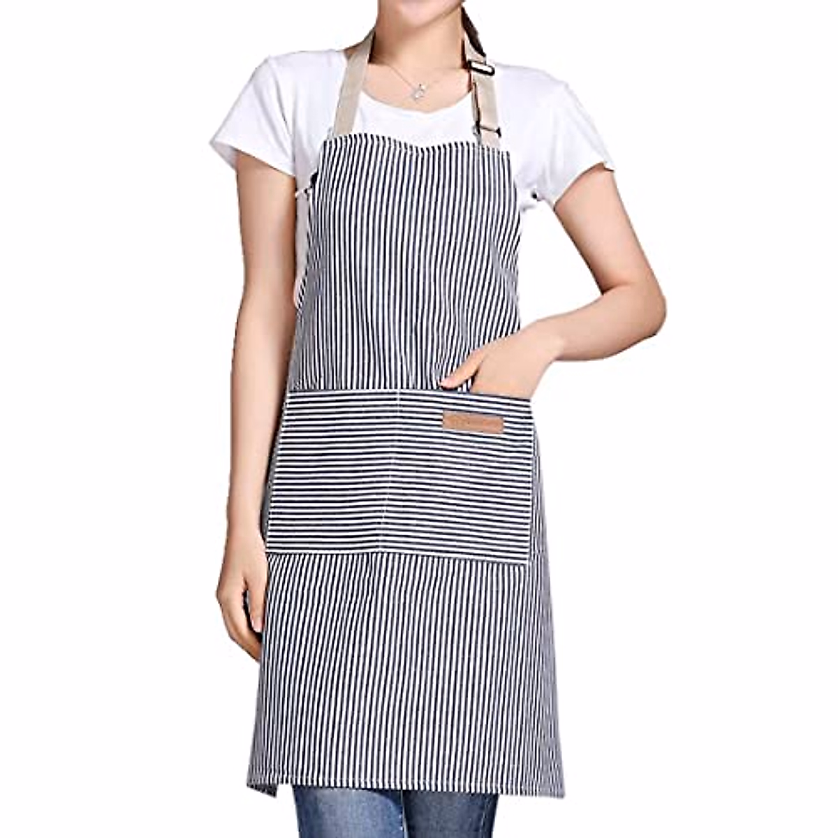 RUIBOLU Adjustable Bib Apron with 2 Pockets Cooking Kitchen Cotton Aprons for Women Men Chef Restaurant BBQ Painting Crafting, Long Ties Neck Strap (Khaki Stripes)