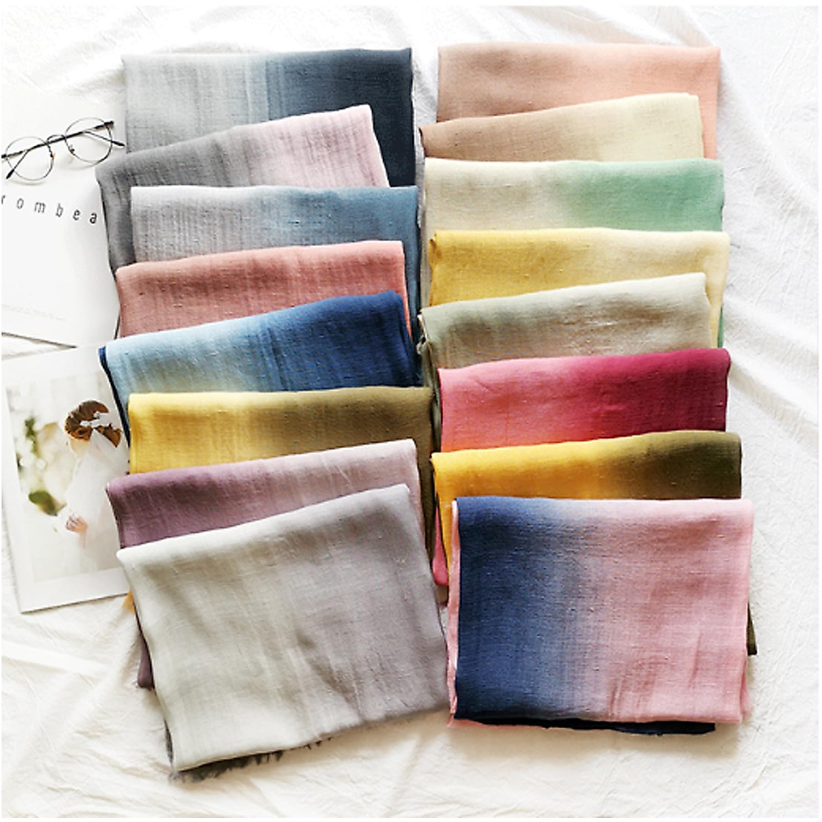 ANIDL Cotton Linen Fashion Scarf,Gradient Two-tone Four Season Scarf Shawl Beach Gauze,Long Lightweight Travel scarf 75"×35" (Light blue + Royal blue)