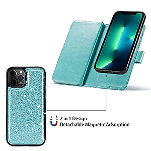 Varikke iPhone 13 Pro Max Wallet Case - Women's 9-Card Holder, Detachable Magnetic Cover, Kickstand, Glitter PU leather, Mint