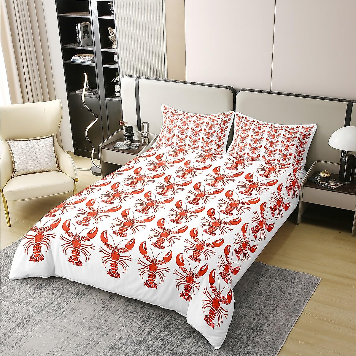 Erosebridal 100% Natural Cotton Red Lobster Duvet Cover, Shrimp Comforter Cover, Coastal Marine Life Quilt Cover Twin, Underwater Sea Wild Animals Bedroom Decor Bedding Set for Kids Adult