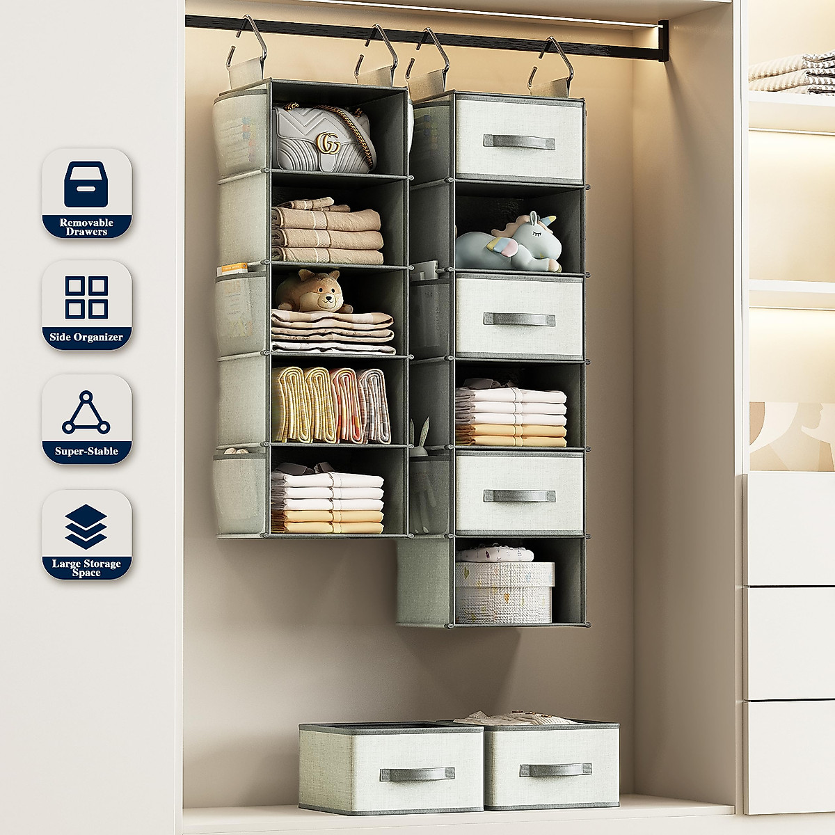 5 Tier Hanging Closet Organizer, Collapsible Thicken Hanging Shelves, with 3 Side Pockets and 2 Removable Drawers, Suitable for Bedroom Closet Clothing Storage Grey