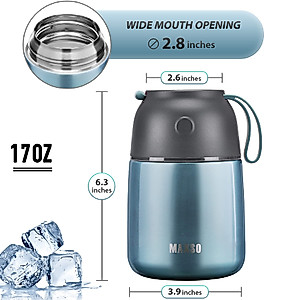 MAXSO Soup Thermo for Hot & Cold Food for Adults Kids, 17 oz Vacuum Insulated Steel Lunch Container Bento Box with Spoon, Leakproof Thermal Food Jar for School Office Travel - Shinny Blue