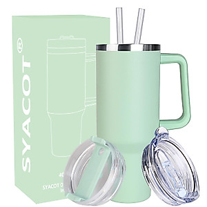 SYACOT 40 oz Tumbler with Handle and Straw Stainless Steel Insulated Tumbler Leak Proof Lid and Straw Lid Reusable Travel Mug Coffee Mug Cup Dishwasher Safe Keep Drinks Cold and Hot (Jade)