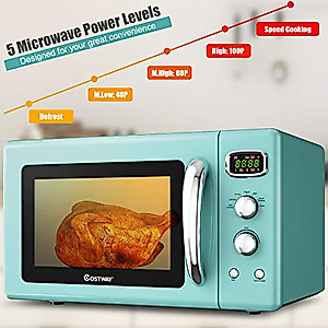 COSTWAY Retro Countertop Microwave Oven, 0.9Cu.ft, 900W Microwave Oven, with 5 Micro Power, Defrost & Auto Cooking Function, LED Display, Glass Turntable and Viewing Window, Child Lock
