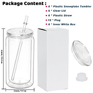 Maucircol 16 Oz Plastic Snowglobe Tumbler, 6 Pack Pre-Drilled Double Wall Plastic Clear Cup for Glitter Snow Globe Diy, Double Wall Snowglobe Cup with Clear Lid