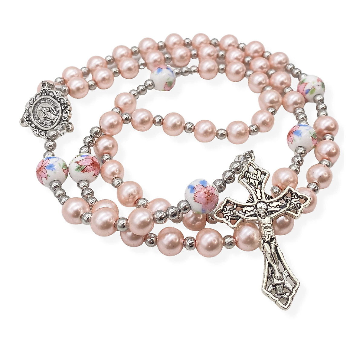 Nazareth Store Flowers Beads Rosary Necklace Crystallized Glass Pearl Beaded Rosary Miraculous Medal and Crucifix (Pink)