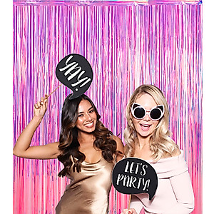 Sharonlily Gorgeous Iridescent Pink Foil Fringe Curtain-2 Pack 3.2x8.2 Feet Premium Neon Metallic Streamers Photo Booth Backdrop for Birthday Bachelorette Graduation Party Decorations (Pink-Orange)