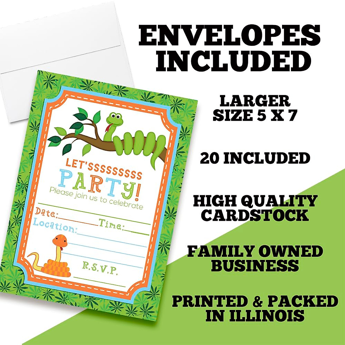 Snake Themed Birthday Party Invitations, 20 5x7 Fill In Cards with Twenty White Envelopes by AmandaCreation