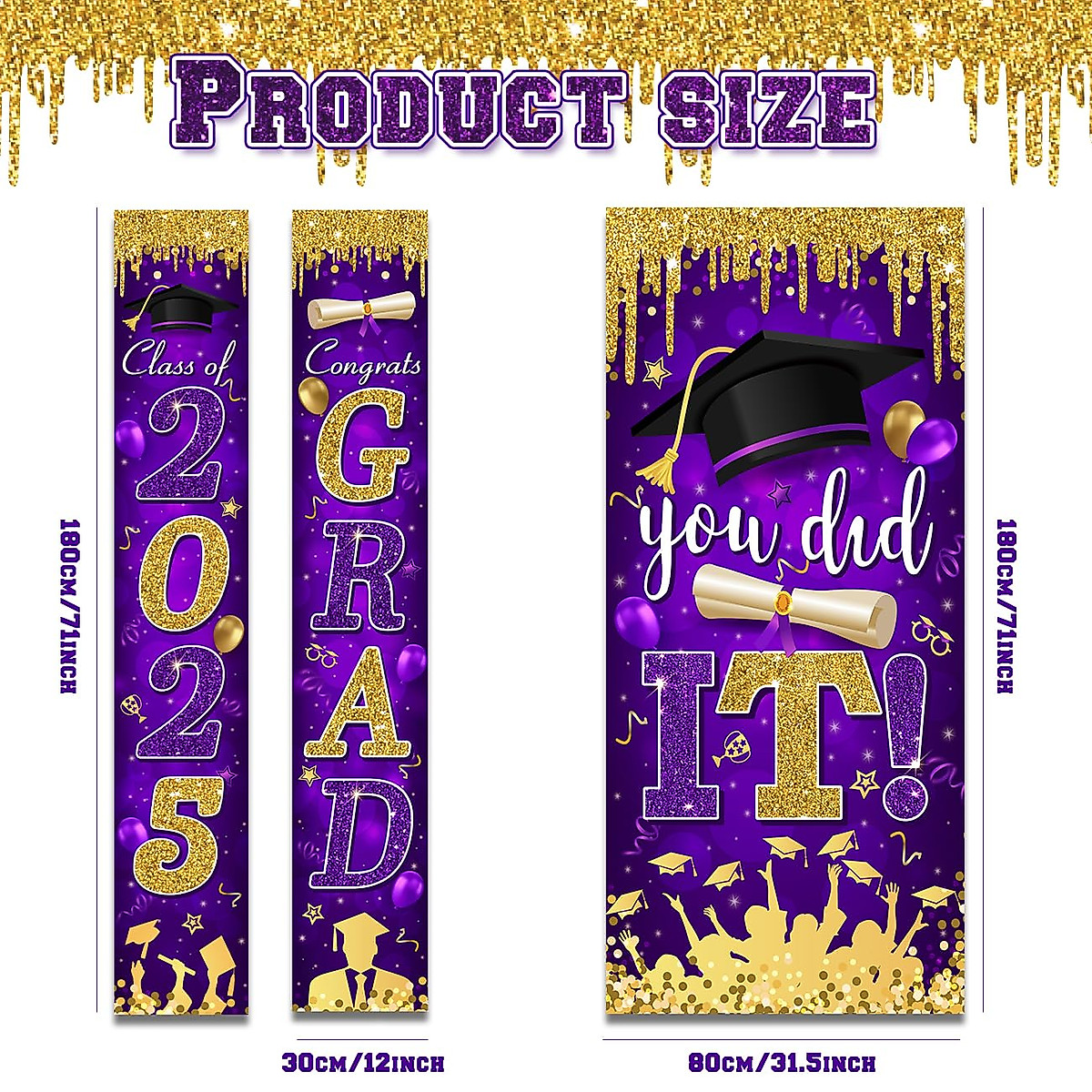 Graduation Decorations Class of 2025 Purple and Gold Congrats Grad Banner and You Did It Graduation Door Cover for High School College Graduation Party Supplies(Purple)