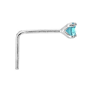 22G Solid 14Kt Gold L-Shape Nose Stud with real Blue Topaz Gemstone, 14kt Yellow Gold or 14kt White Gold Prong Setting - December Birthstone Nose Ring-LSWG_TP-2.5MM