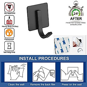 Adhesive Hooks - 5 Pack Heavy Duty Wall Hooks Waterproof Stainless Steel Hooks for Hat Towel Robe Hooks Rack Wall Mount - Bathroom Kitchen Home Hotel Office Cabinet and Bedroom Matte BLACK03