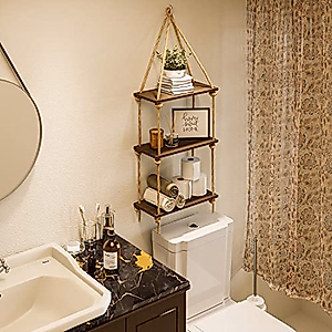 BAMFOX Hanging Wall Shelves,Swing Rope Floating Shelf,3 Tier Bamboo Hanging Storage Shelves for Living Room/Bedroom/Bathroom and Kitchen …