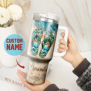WAZONE Personalized Flip Flop Beach 40oz Tumbler with Handle and Straw Lid Stainless Steel Tumblers Summer Gifts Ideas For Sunbathing Sea Turtle Starfish Lovers Ocean Themed Insulated Cup
