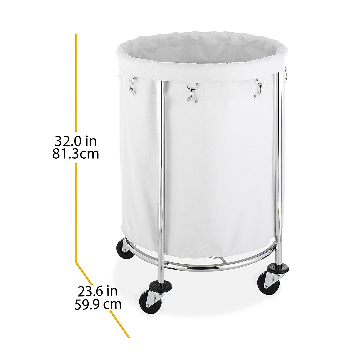 Whitmor Round Commercial Removable Liner and Heavy Duty Wheels-Chrome Laundry Hamper, Silver and White