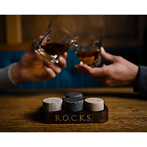 The Original ROCKS Whiskey Chilling Stones & Whiskey Trivia Quiz Gift Set - 6 Handcrafted Premium Granite Round Sipping Rocks - 100 Quiz Q&A for Whiskey Lovers - Fun Fact Stories & More, Great Gift!