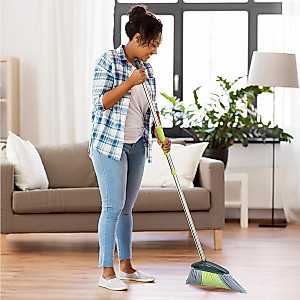 Pine-Sol Indoor Jumbo Broom with Long, Stainless Steel Collapsible Handle for Easy Storage, Heavy Duty Angle Bristles for Wood, Tile, Linoleum, and More - Sweeps Wet or Dry Debris