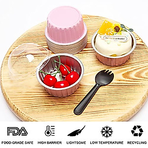 Jumbo Muffin Liners with Lids 50 Pack,Free-Air 5oz Aluminum Foil Cupcake Cups Muffin Tins,Disposable Ramekins Cupcake Baking Pans Cupcake Holders for Custard Mini Pie -Pink