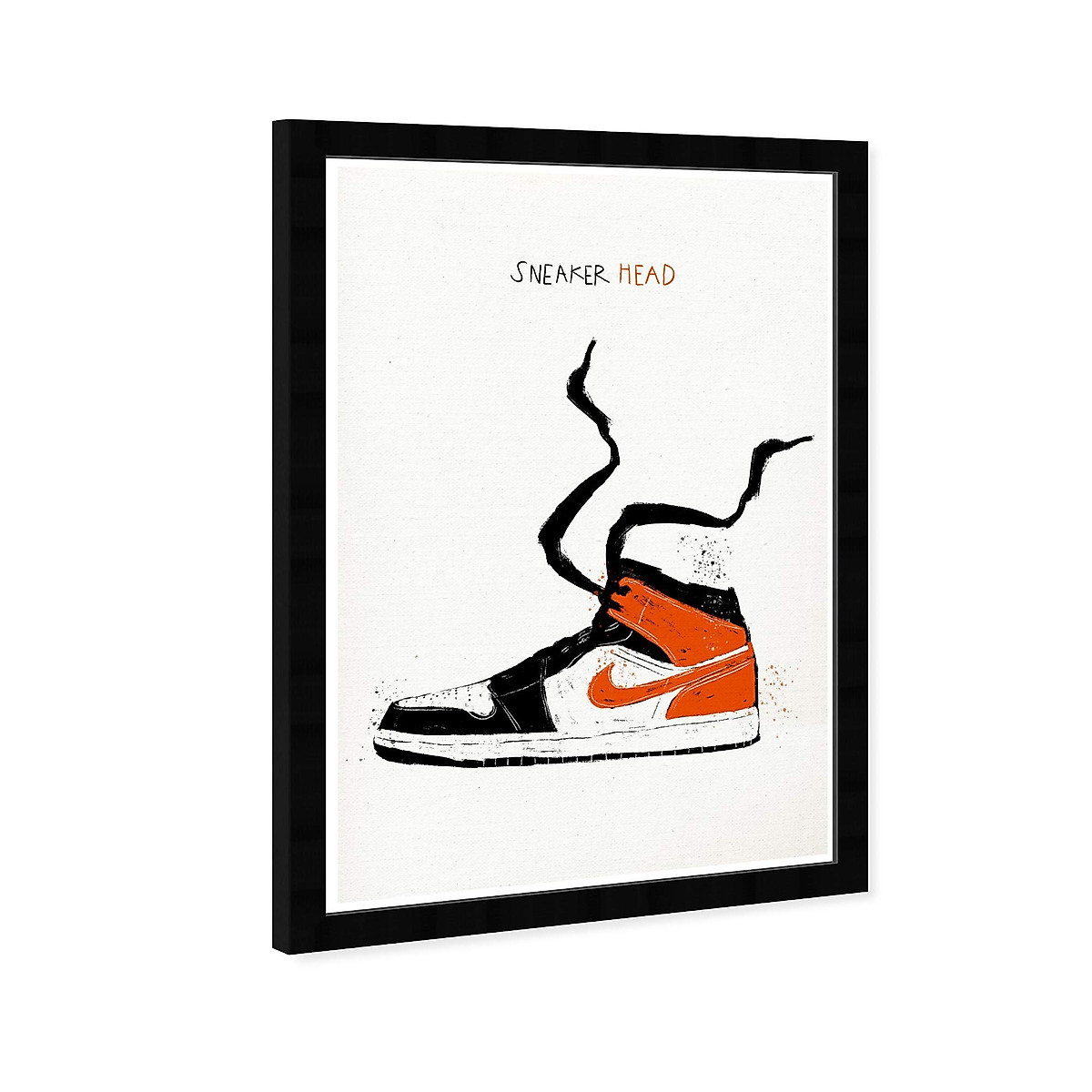 Wynwood Studio Basketball Sneakers Wall Art Street Style Home Décor Framed Poster Print Painting 'Sneaker Head Drawing' in Black, Red Swoosh Jordans