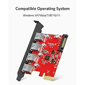 Inateck PCI-e to USB 3.0 (4 Ports) PCI Express Card and 15-Pin Power Connector, Red