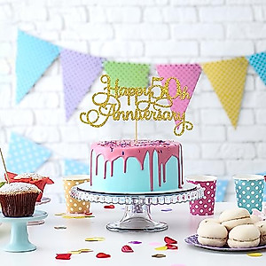 Gold Glitter Happy 50th Anniversary Cake Topper - for 50th Wedding Anniversary / 50th Birthday Party Cake Decorations Supplies, Cheers to 50 Years Sign