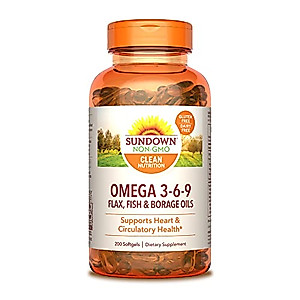 Sundown Omega 3 6 9, with Flax, Fish and Borage Oils, Supports Heart and Circulatory Health, 200 Softgels (Packaging May Vary)