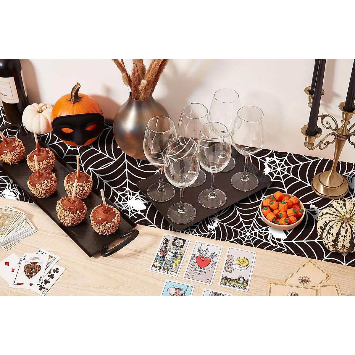 Halloween Table Runner Spider Web Table Runner Black Halloween Table Decorations Halloween Kitchen Decor Spiderweb Table Runner for Seasonal Holidays, Scary Movie Nights Decorations- 13x72 Inch