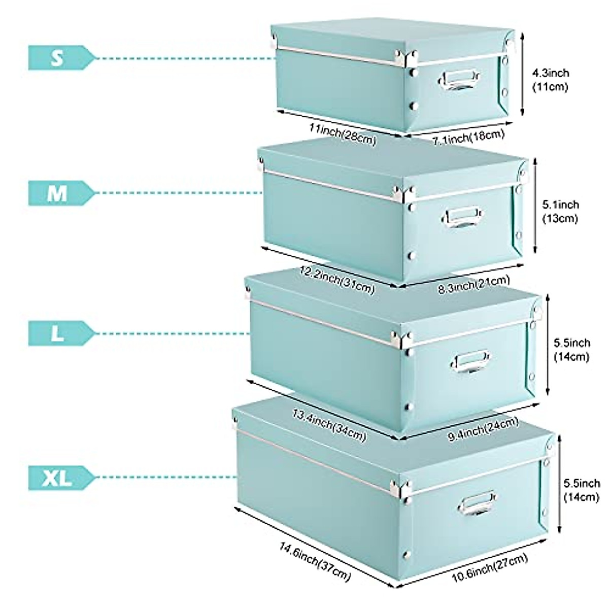 HYUNLAI 4 Pack Storage Box, Decorative Storage Bins with Lid,with Handles,Press-Stud Fastening,Moisture-Proof,Foldable for Space Saving Storage,for Clothes,Cosmetic,Blankets(Green)