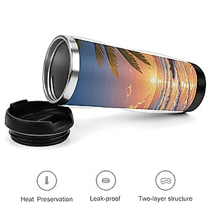 RTFGHJS 13oz Vacuum Insulated Stainless Steel Tumbler with Leakproof Lid Tropical Beach Palm Tree 304 Stainless Steel Travel Mug Wide Mouth Coffee Cup for Hot & Cold Drinks (380ml)