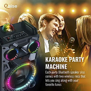 Portable Bluetooth Party Speaker and Karaoke Machine with 2 Wireless Mics, Disco Ball, LED Lights, Handle and Wheels, FM Radio. Loud Party Sound System, Rechargeable Tailgate PA Speaker