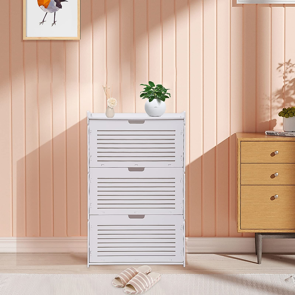 DreamRcoach 3-Layer Shoe Storage Cabinet, Tipping Shoe Cabinet, Freestanding Shoes Rack, Bamboo Shoes Shelf Rack for Hallway, Bedroom, Apartment, 19.29 x 6.69 x 42.91inch, White