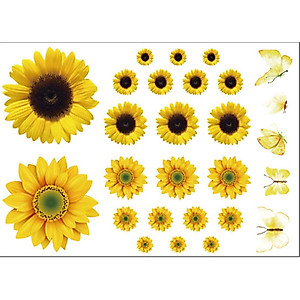 Sunflower Wall Stickers with 3D Butterfly Wall Sticker, Gold 3D Butterfly Metallic Wall Stickers, Removable Yellow Flower Wall Decals Waterproof Sunflower Decor Mural, for Nursery Baby Kids Bedroom