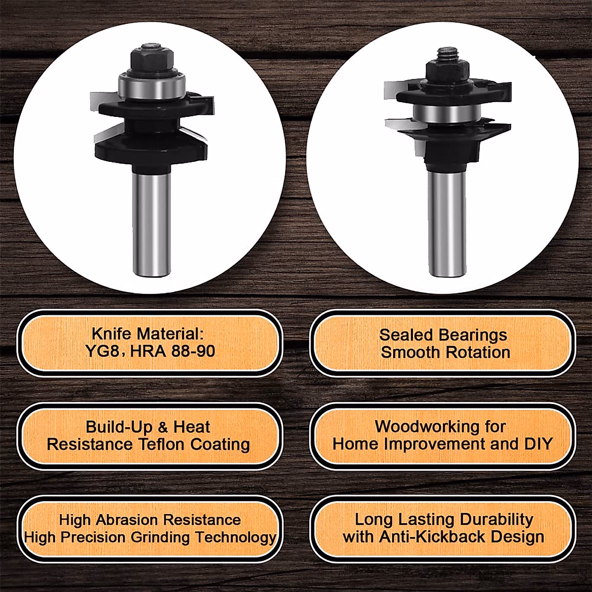 LEATBUY Router Bit Set 3 PCS 1/2 Inch Shank Round Raised Panel Cabinet Door Rail and Stile Router Bits, Woodworking Wood Cutter, Wood Carbide Groove Tongue Milling Tool(1/2-Double)