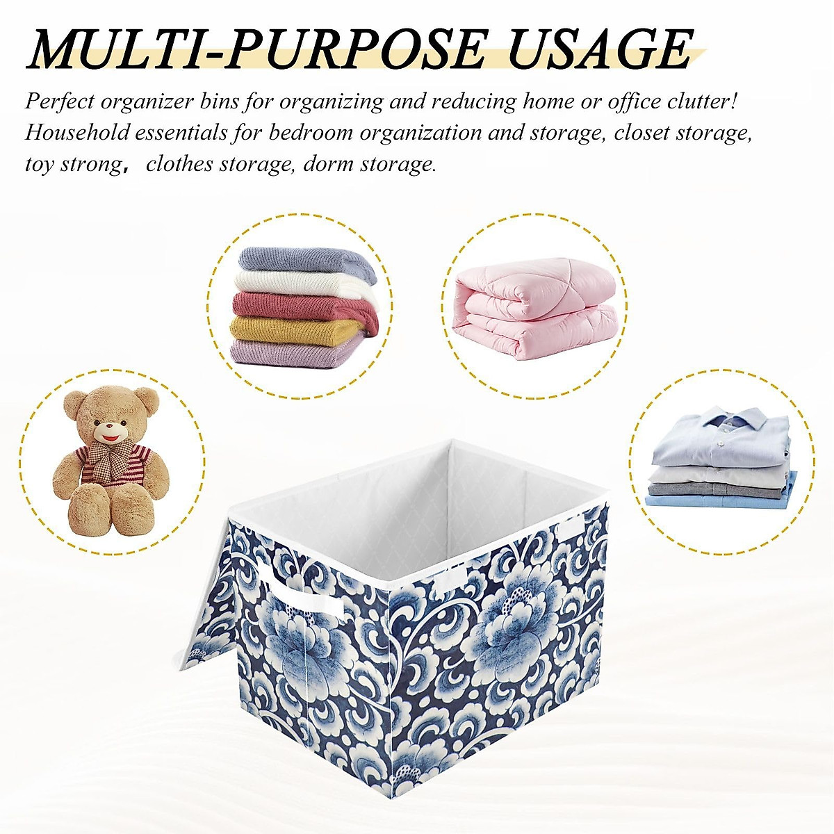 VIGTRO Blue and White Flower Storage Bins with Lids Foldable Storage Boxes with 2 Handles, Chinese Tradition Decorative Storage Basket Collapsible for Clothes Books