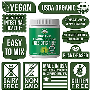 Organic Acacia Senegal Prebiotic Fiber Powder. USDA Organic Plant Based Vegan Prebiotics Supplement for Gut Health. with Digestive Enzymes for Digestion, Roughage Without Bloating, Gas