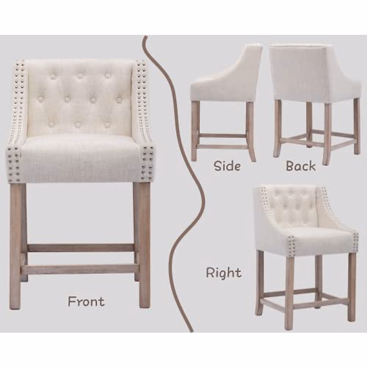 CIMOTA Counter Height Bar Stools Set of 2 Tufted Farmhouse Bar Chairs with Back Upholstered Mid Century Barstools with Wood Legs Kitchen Island Counter Stools for Home Bar, 25 Inch/Linen Beige