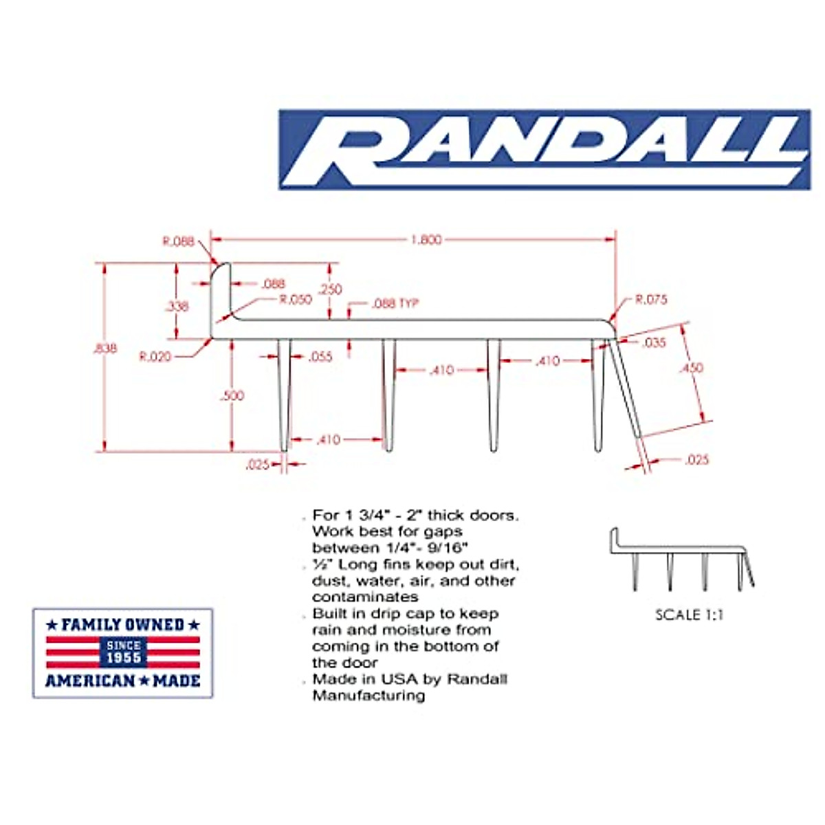 Randall Manufacturing Co., Inc | Vinyl Door Bottom | Vinyl Weatherstrip | 4 Feet Long | Brown | for 1 3/4” to 2” Thick Doors | Fits Gaps from 1/4” to 9/16” | Made in The USA