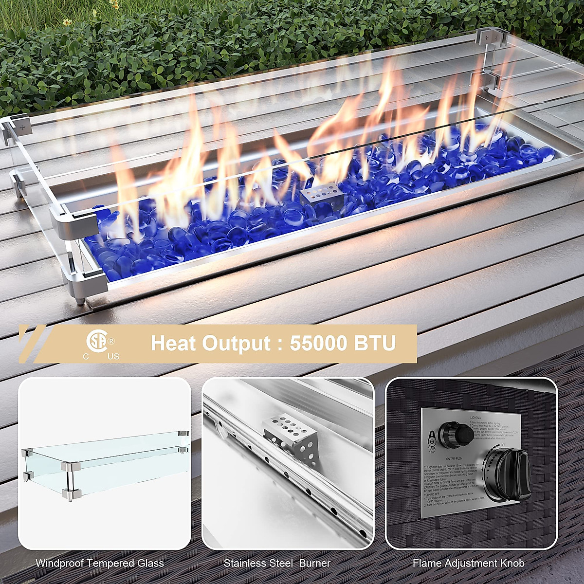 ALAULM 7 Pieces Outdoor Patio Furniture Set with Propane Fire Pit Table Patio Sectional Sofa Sets Outdoor Furniture 43" Gas Fire Pit Patio Conversation Set w/Glass Table & 5 Cushions (Sand)