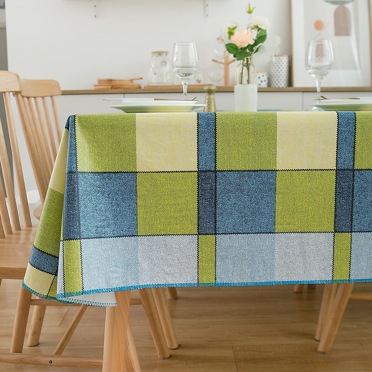 Vinyl Tablecloth with Flannel Backed Waterproof Oil-Proof PVC Table Cloth Wipeable Spill-Proof Plastic Table Cover for Indoor and Outdoor(Morden Checkered, 60 x 102 Inch Rectangle)