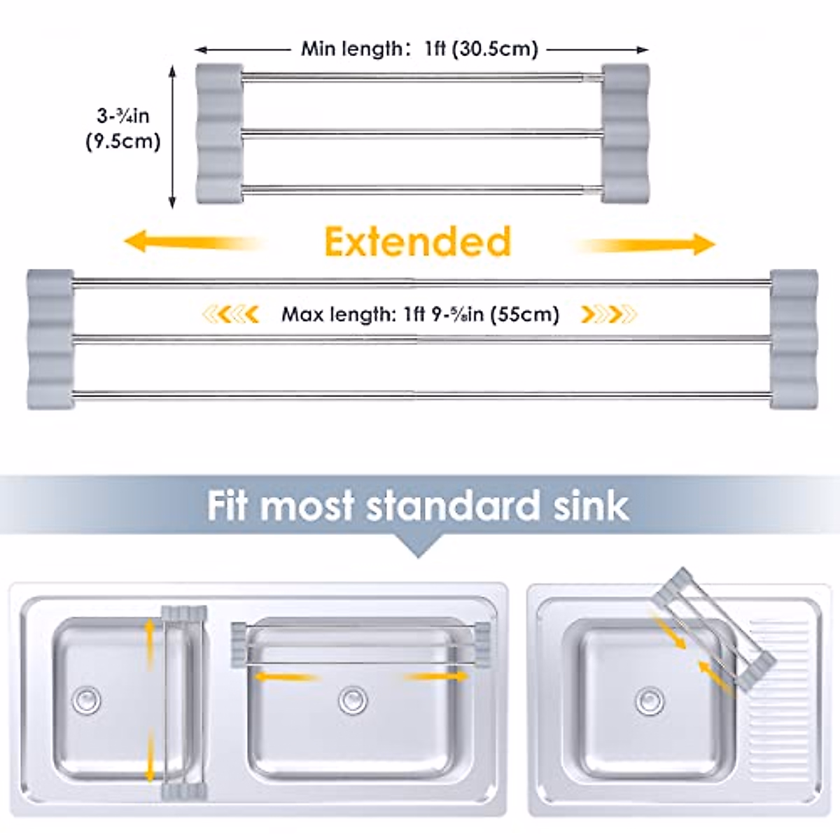 Tomorotec Rack for Sponge Dish Rags Bottles Brushes Kitchen Sink Accessories Over the Sink Adjustable Dishcloth Holder Heat-Resistant Sink Rack Multifunctional Stainless-Steel Silicone Slim Expandable